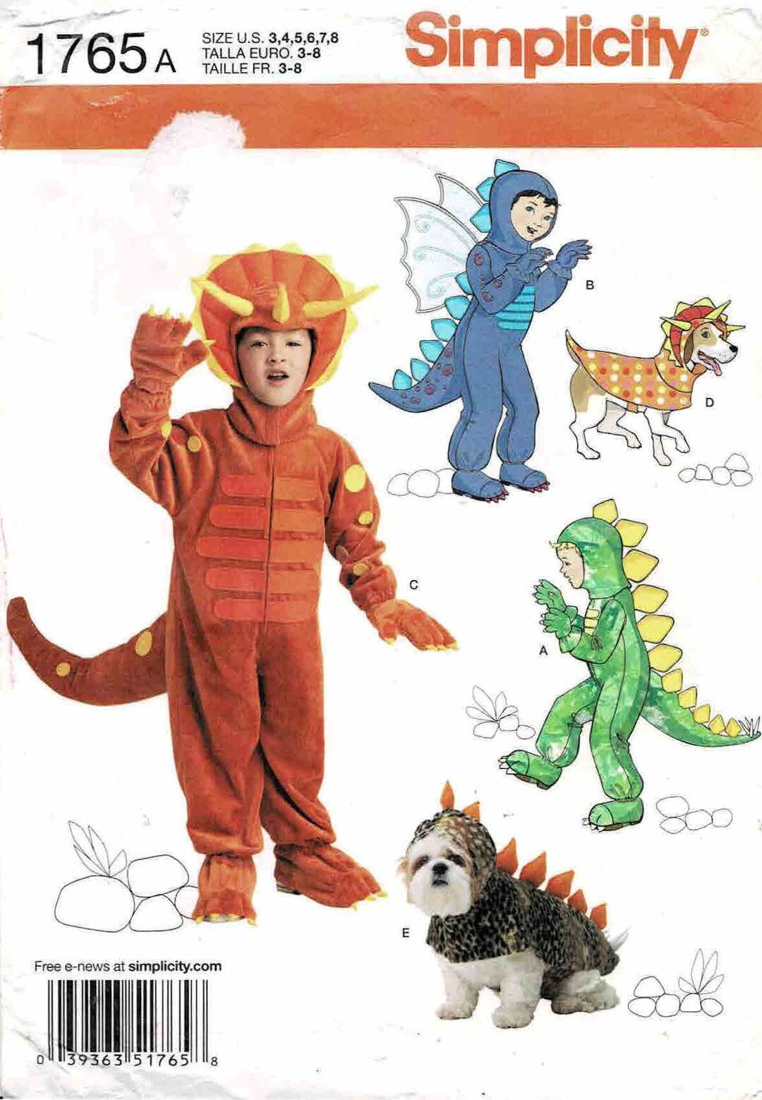 Simplicity 1765 Child's Dinosaur and Dog Costumes Sewing Pattern Size 3 ...