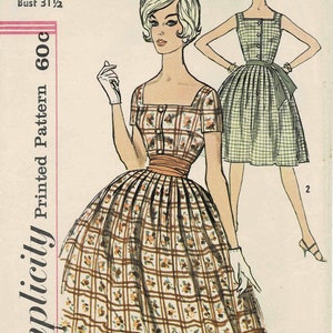 1960s Misses Full Skirt Dress, Square Neck Sundress Simplicity 3994 ...