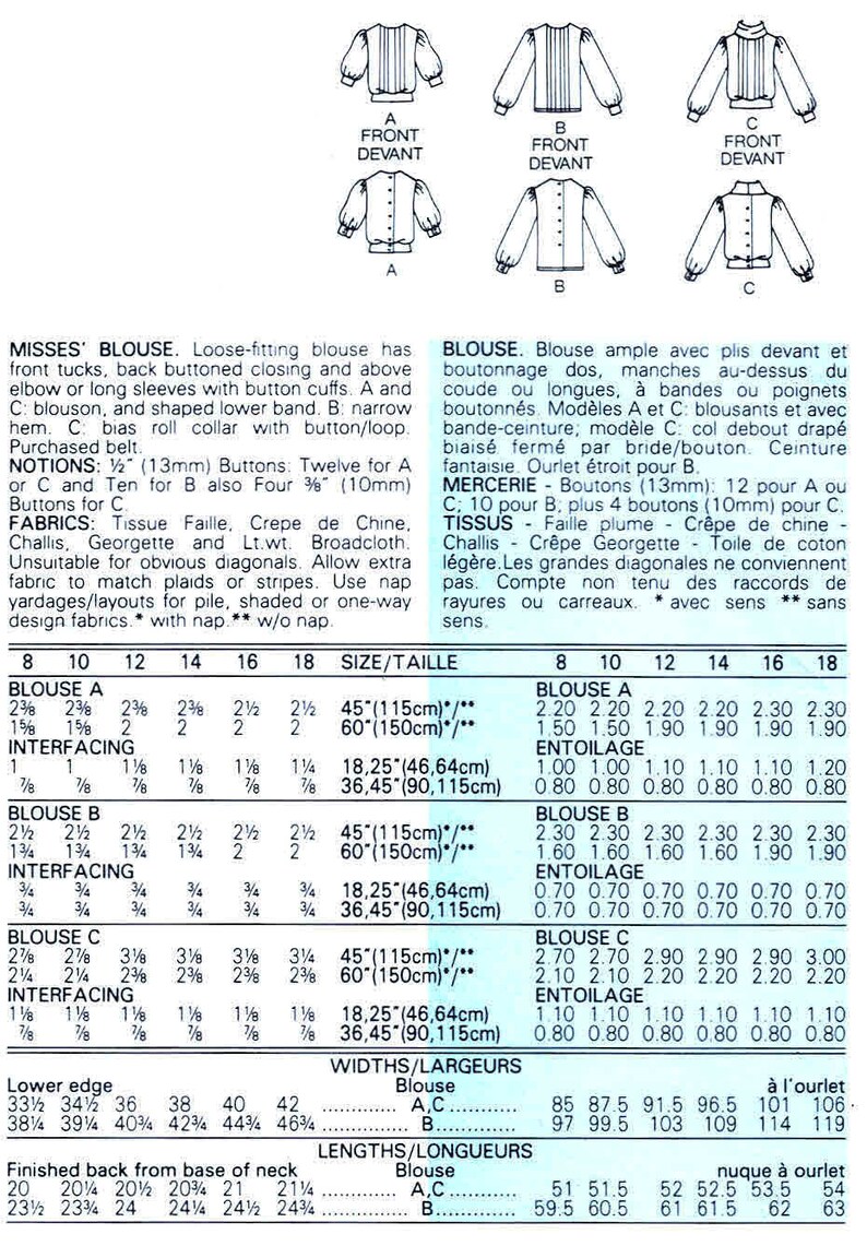 1980s Misses Loose Fitting Front Tucks Blouse Butterick 6957 Vintage ...