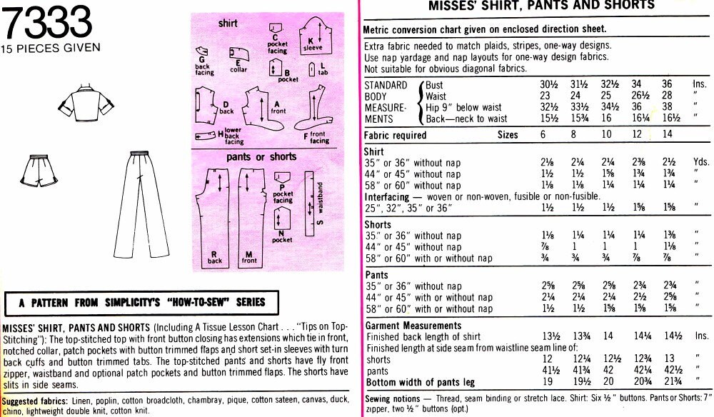 1970s Misses Front Tied Shirt Pants Shorts Simplicity 7333 - Etsy