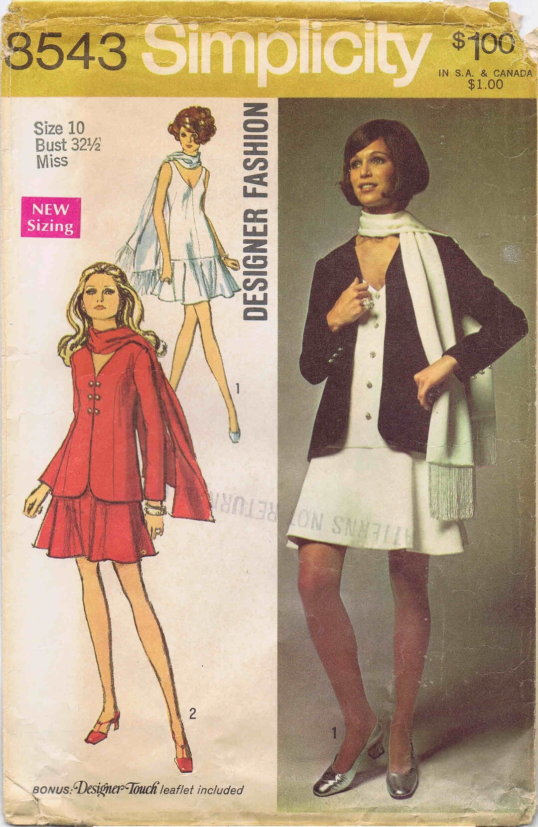 1960s Misses Mini-dress Jacket Scarf Designer Fashion Simplicity 8543 ...