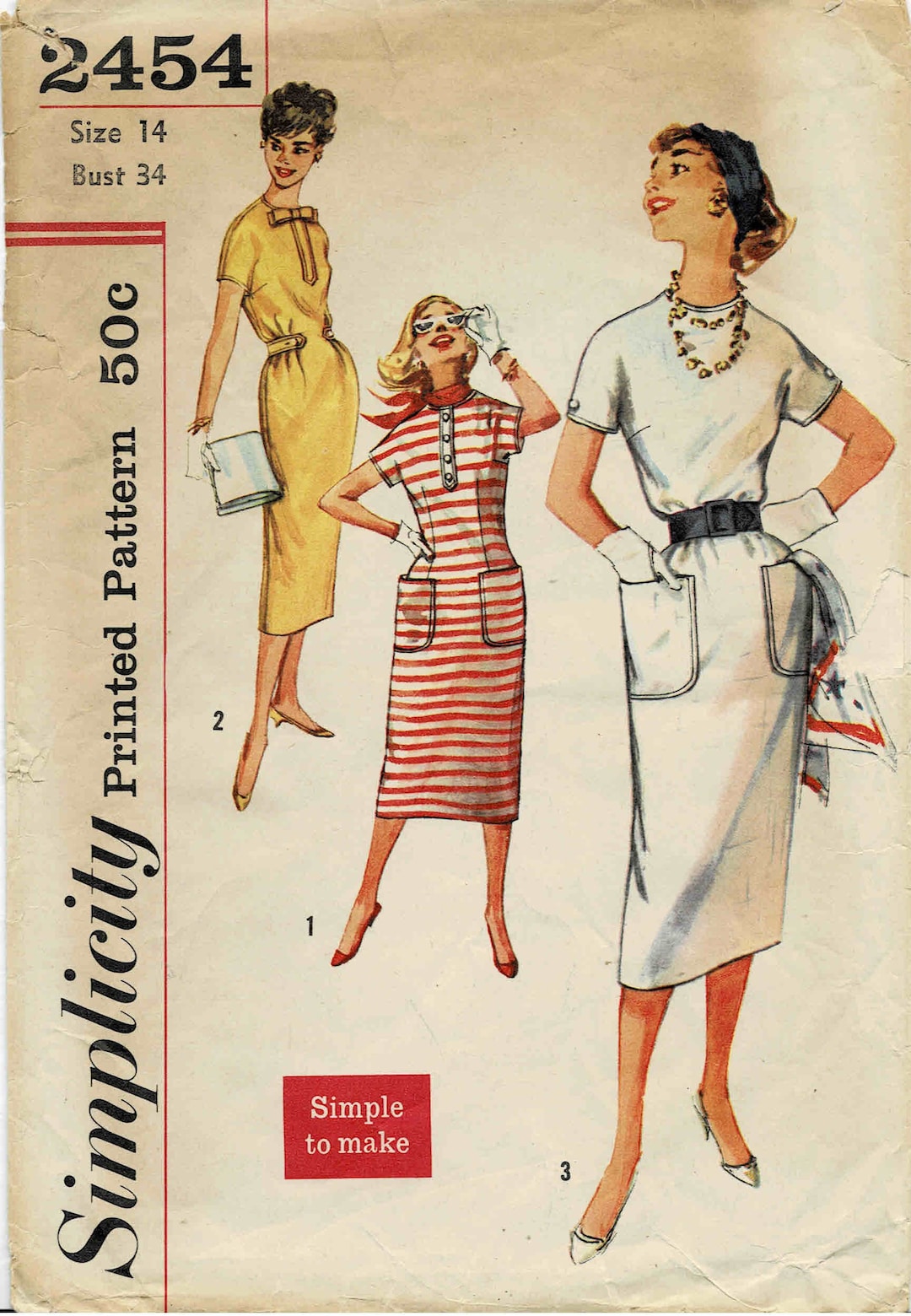 1950s Misses Sheath Dress Simplicity 2454 Vintage Sewing Pattern Size ...