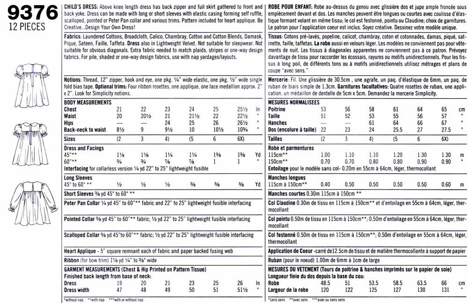 Little Girls Full Skirt Dress Simplicity 9376 Sewing Pattern | Etsy