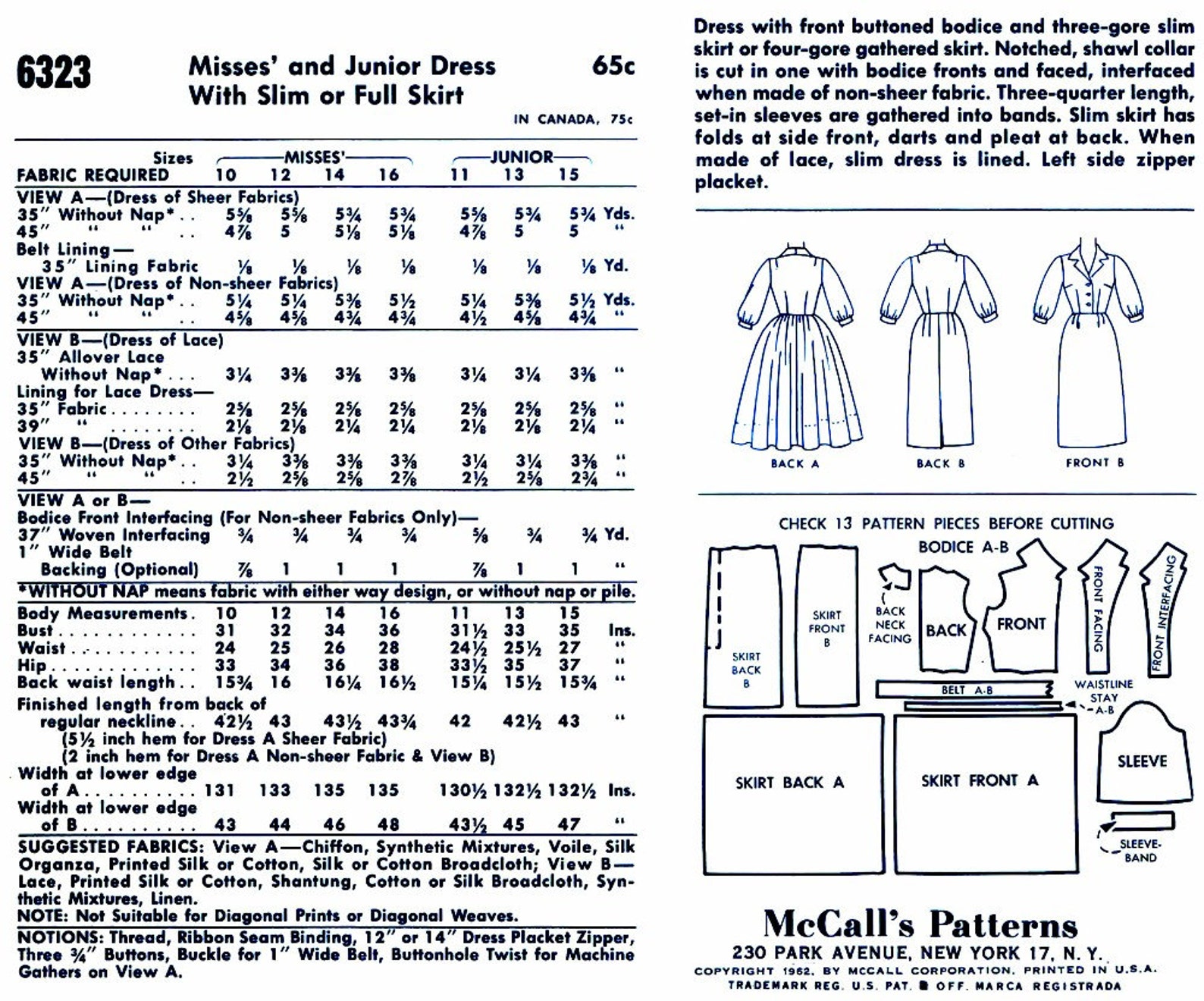 1960s Misses Slim or Full Skirt Dress Mccalls 6323 Vintage - Etsy