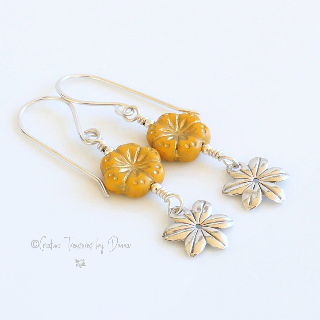 Yellow Flower Earrings, Sterling Silver, Gold Flowers, Czech Glass ...