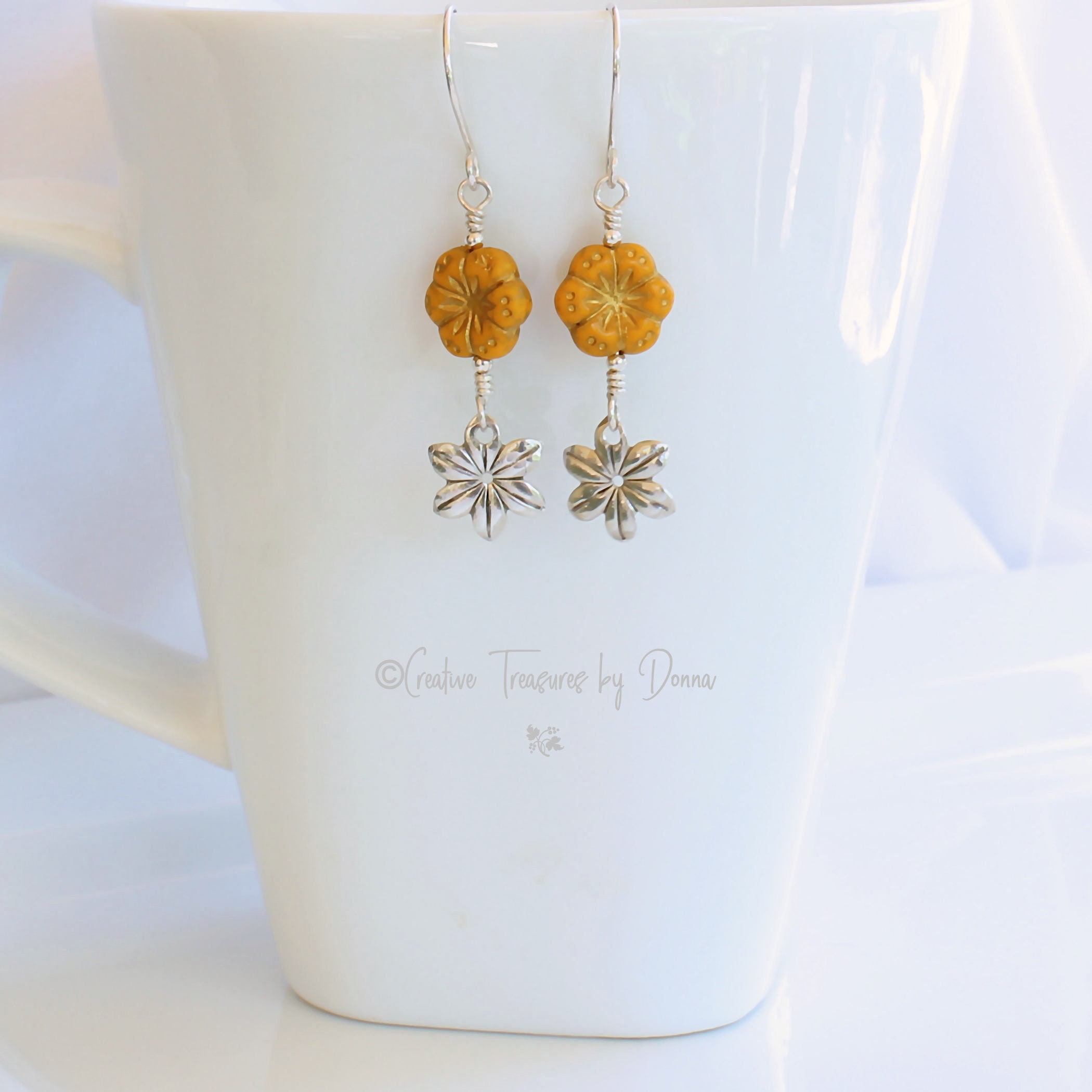 Yellow Flower Earrings Sterling Silver Gold Flowers Czech - Etsy