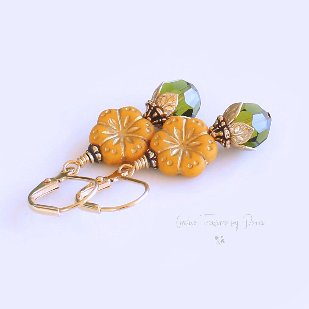 Yellow Flower Earrings, Gold Plated Earrings, Premium Crystals, Czech ...
