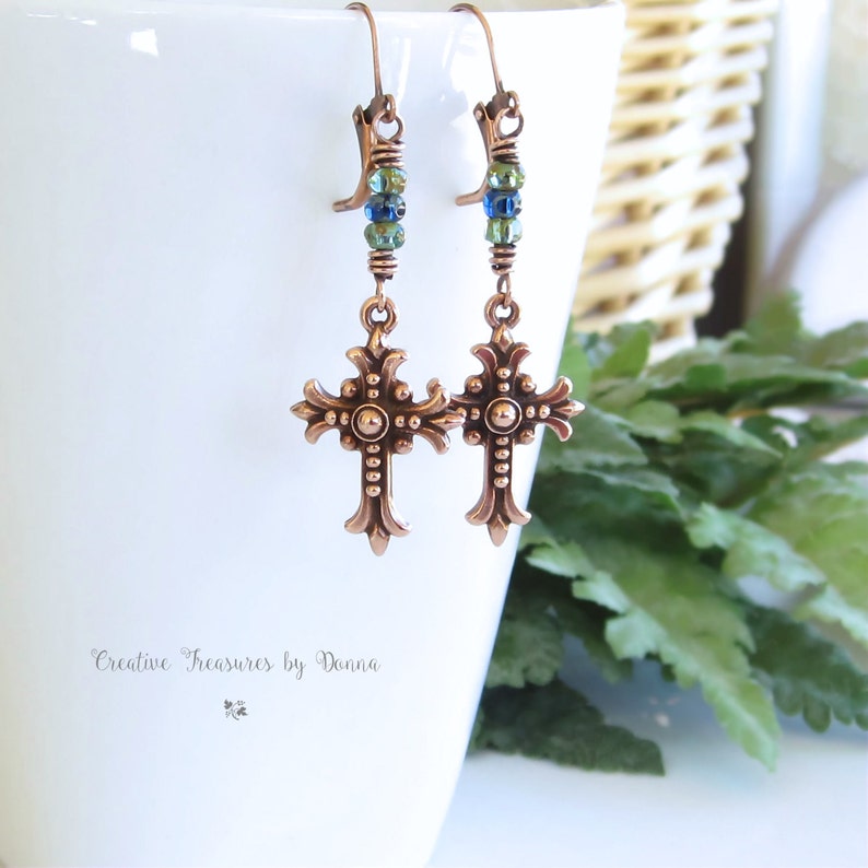 Copper Earrings, Celtic Copper Crosses, Czech Glass Beads, Cross Earrings, Religious Jewelry ...