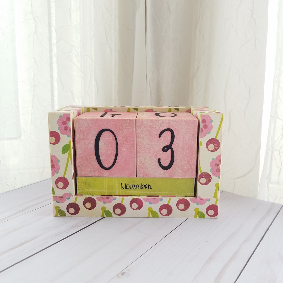 Perpetual Wooden Block Desk Calendar Cherries and Polka Dots Pink and ...