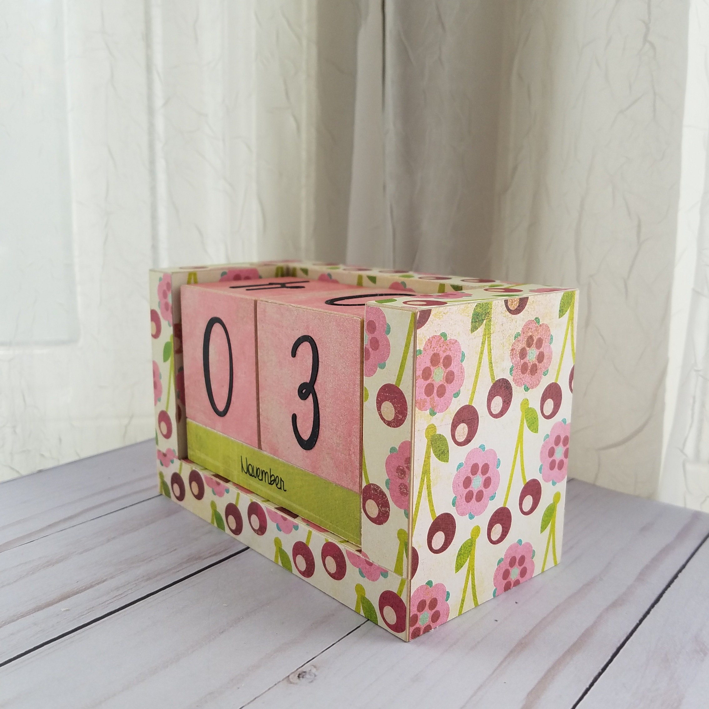 Perpetual Wooden Block Desk Calendar Cherries and Polka Dots | Etsy