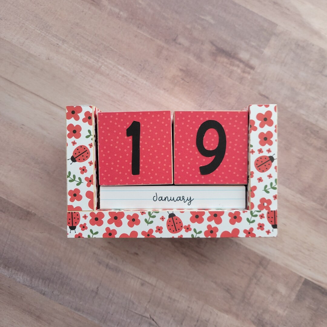 Wooden Block Perpetual Calendar Lucky Ladybugs and Posies Baby Girl ...