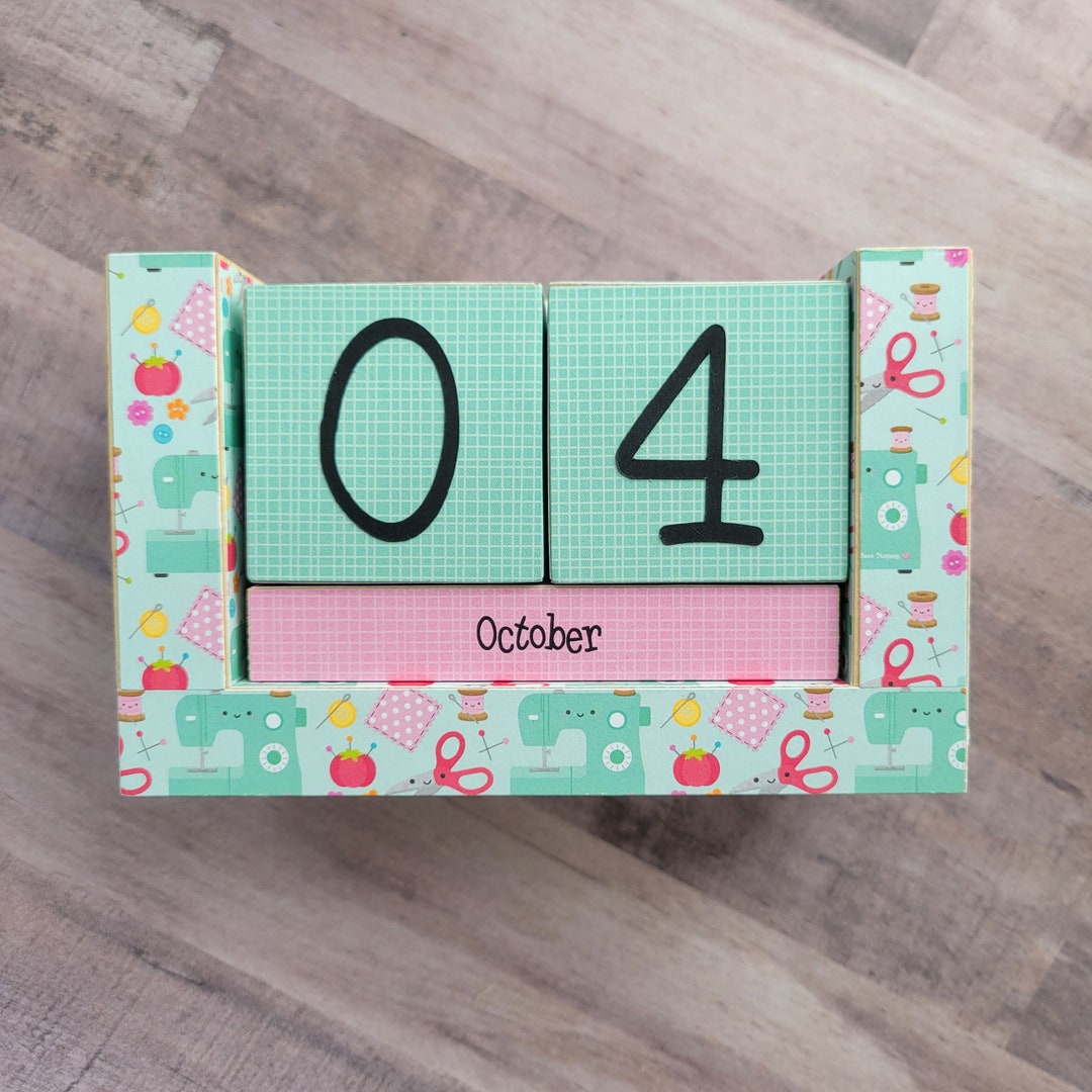 Perpetual Wooden Block Calendar Sewing Machine Icons Craft Studio Desk ...