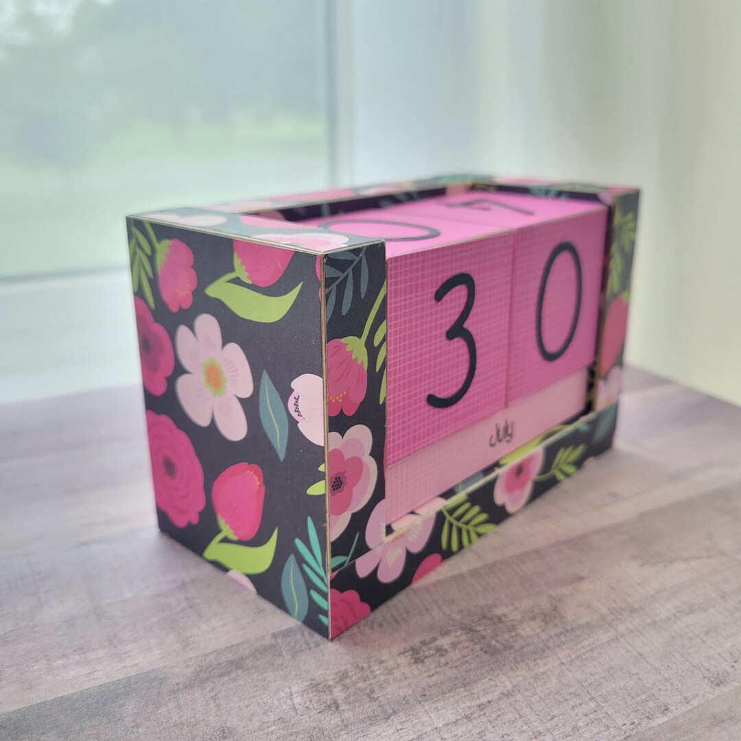 Perpetual Wooden Block Calendar, Pink Wild Roses Flowers, Black, Pastel ...