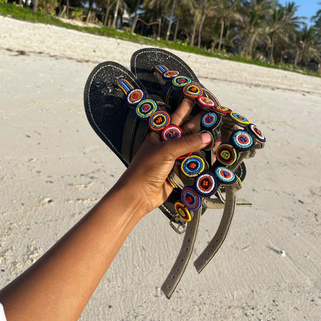 Handcrafted Maasai Beaded Gladiator Leather Sandals - Traditional ...