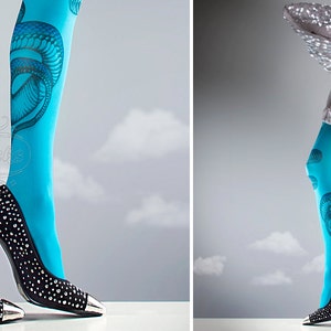 NEW Cyan One Size Snake Full Length Printed Tights Closed Toe Pantyhose ...