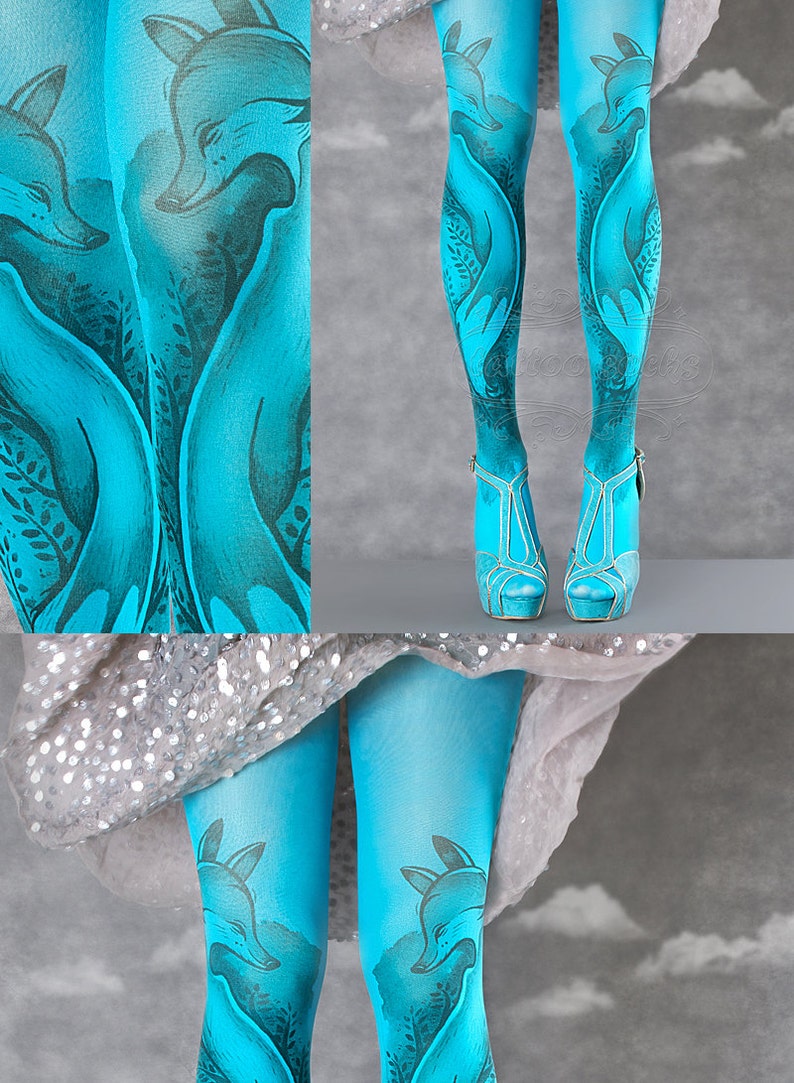 Tattoo Tights Fox Tights Cyan Closed Toe One Size Full Length - Etsy Canada