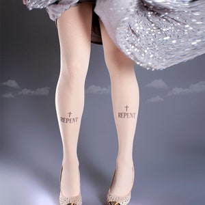 Nude Repent Tattoo Stockings, Full Length Pantyhose, Nylons, Tattoo ...