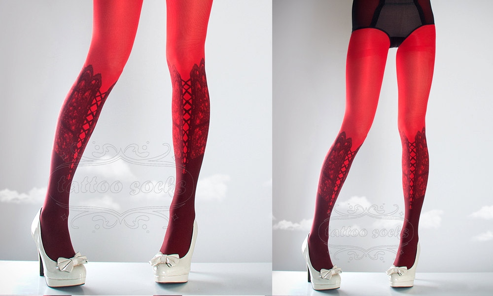 Tattoo Tights Hot Red One Size Lace up Print Full Length - Etsy