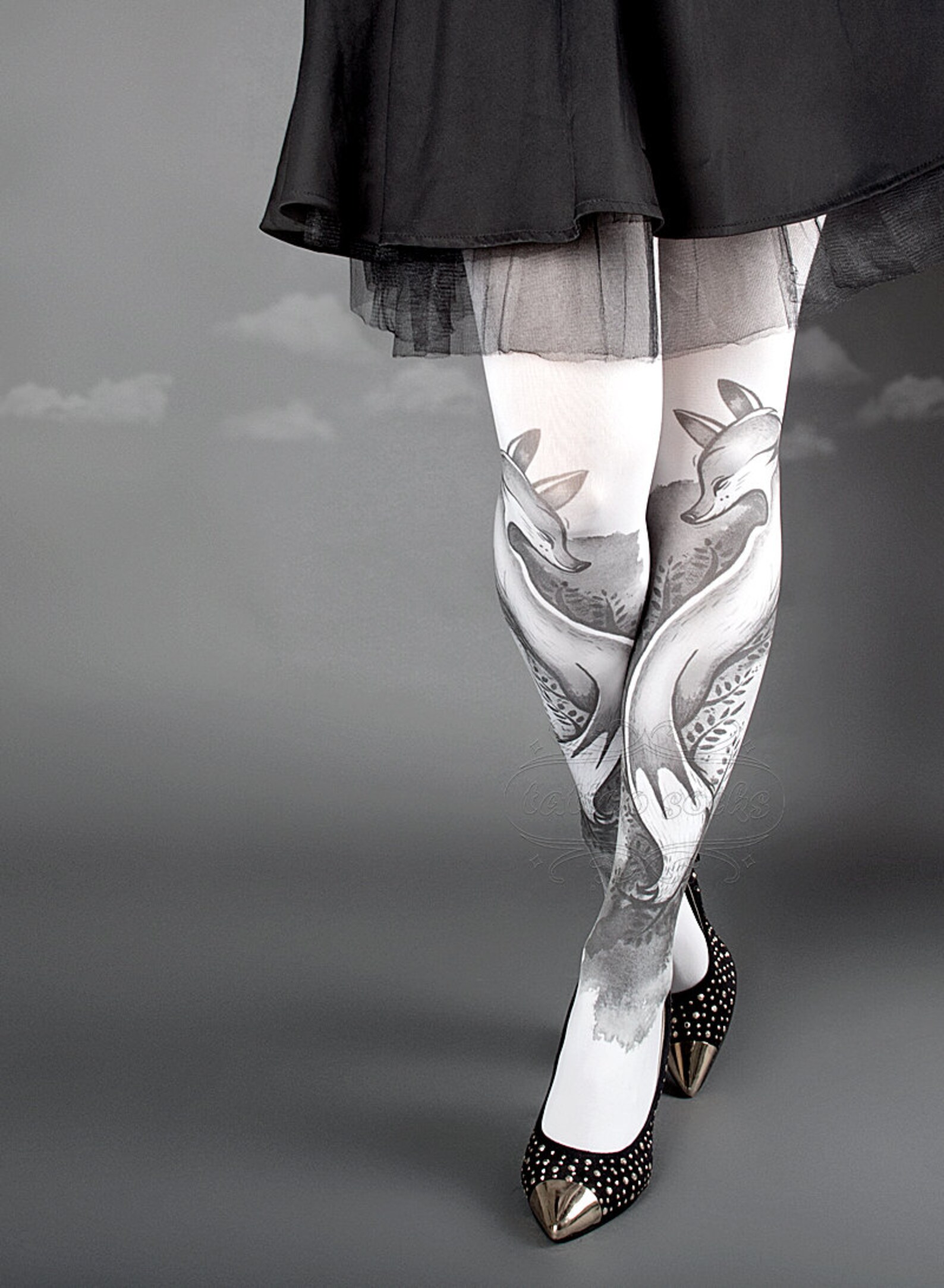 Tattoo Tights, Fox Tights Black and White Closed Toe One Size Full ...