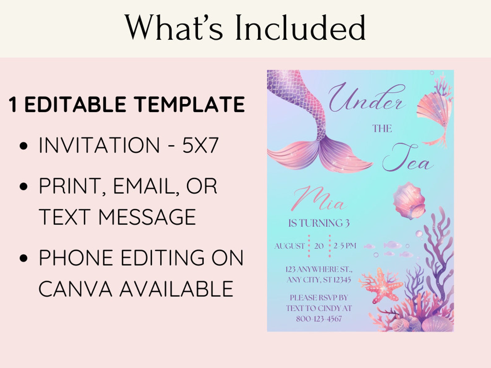 Editable Mermaid Under the Sea Birthday Invitation,ocean Birthday ...