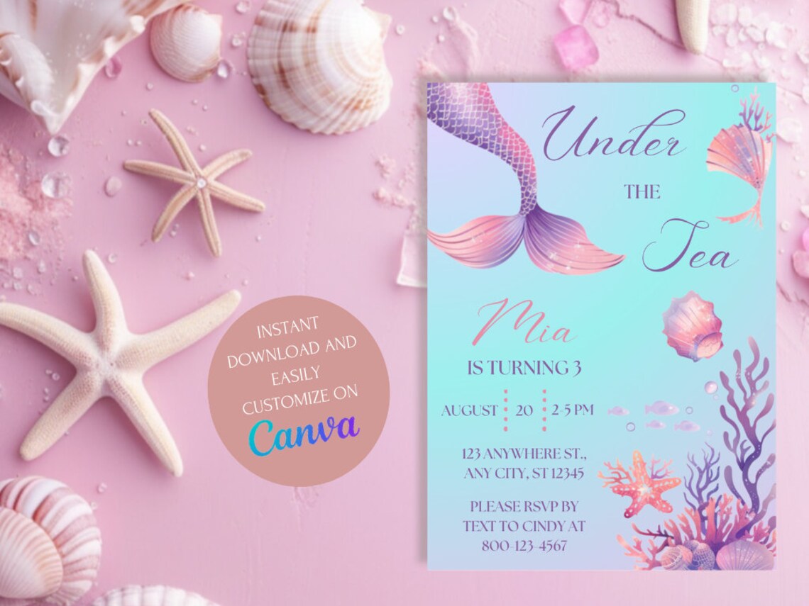 Editable Mermaid Under the Sea Birthday Invitation,ocean Birthday ...