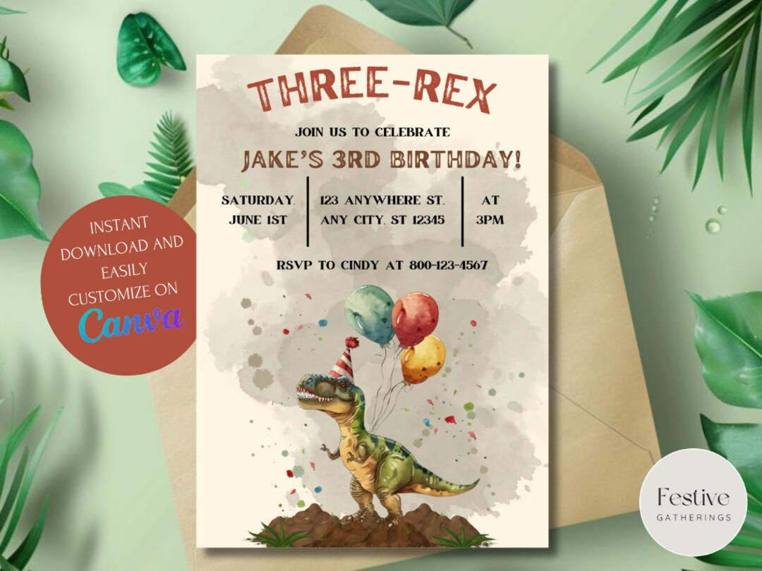 Editable Three-rex Birthday Invitation, Dinosaur Invitation, Three Rex ...