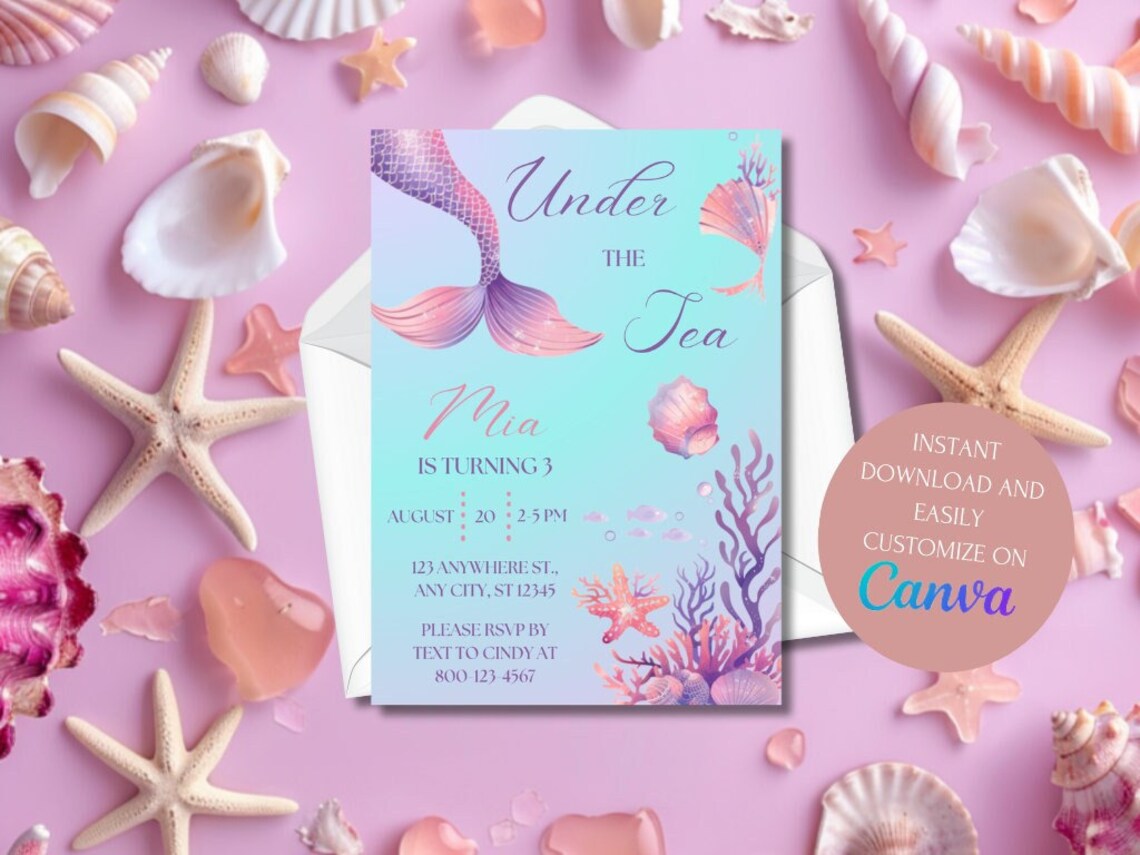 Editable Mermaid Under the Sea Birthday Invitation,ocean Birthday ...
