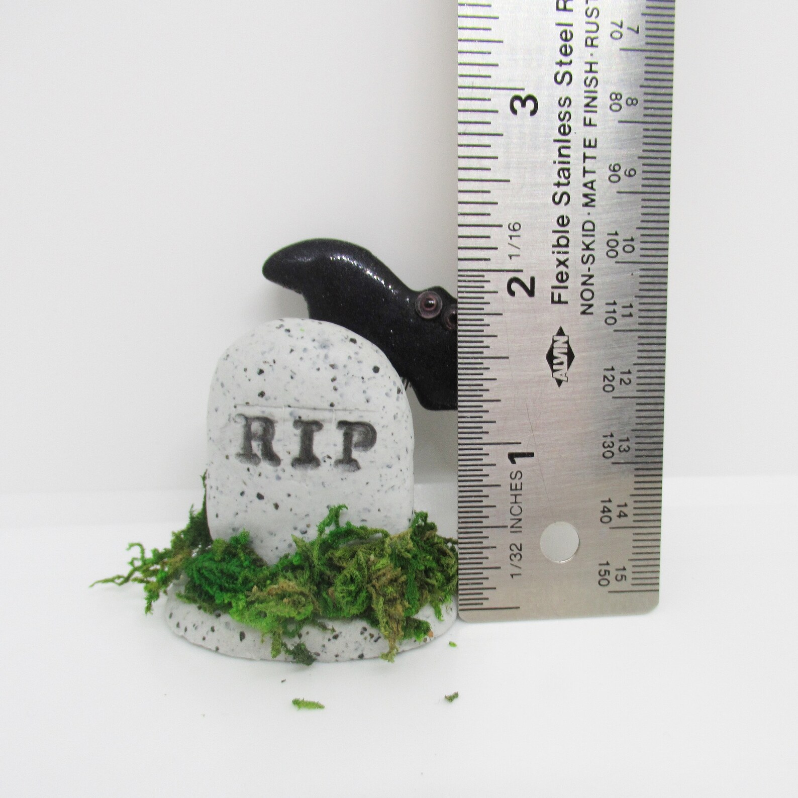 Miniature RIP headstone with a black bat and moss | Etsy