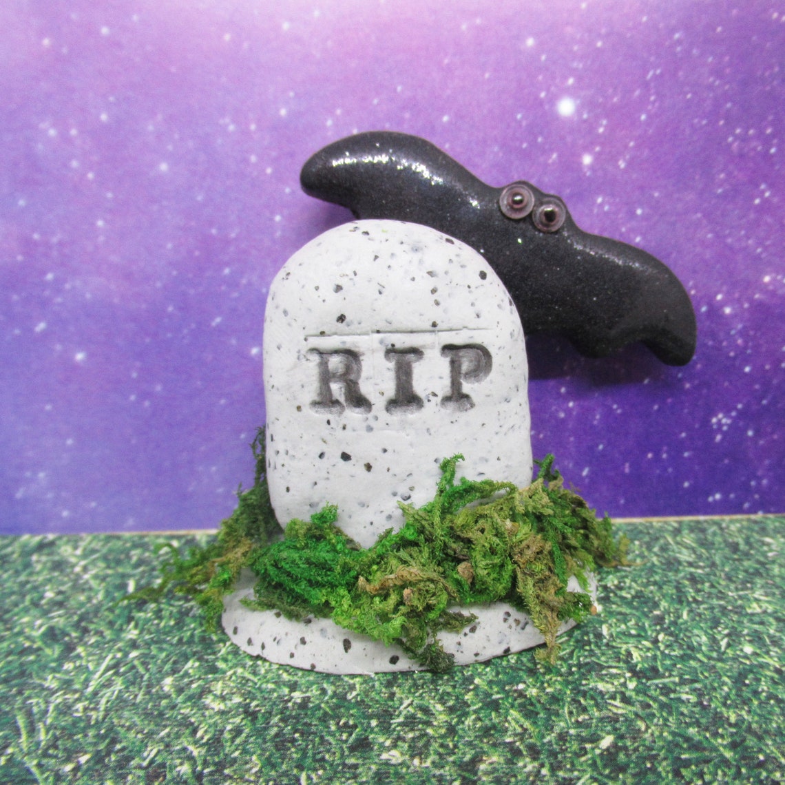 Miniature RIP headstone with a black bat and moss | Etsy