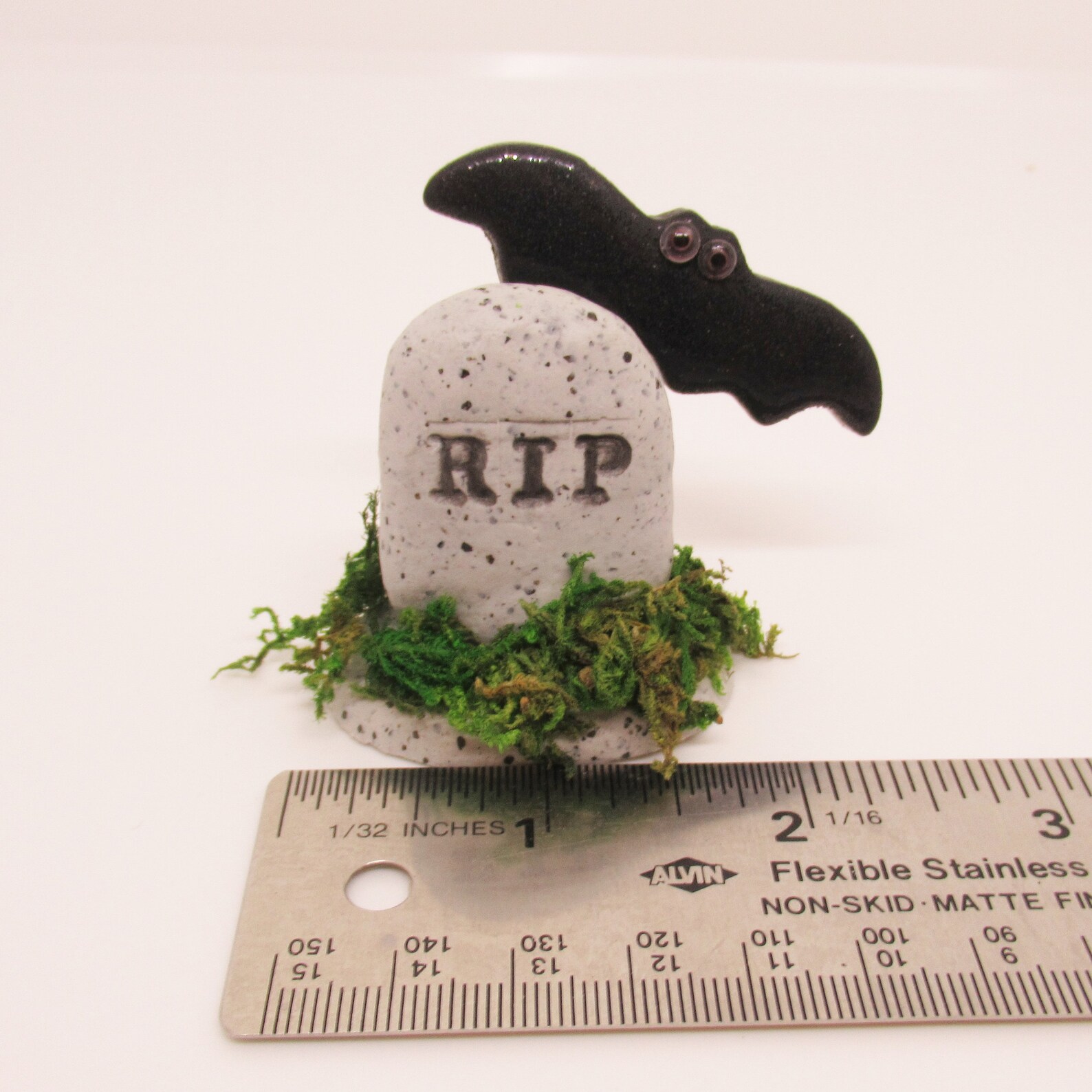 Miniature RIP headstone with a black bat and moss | Etsy