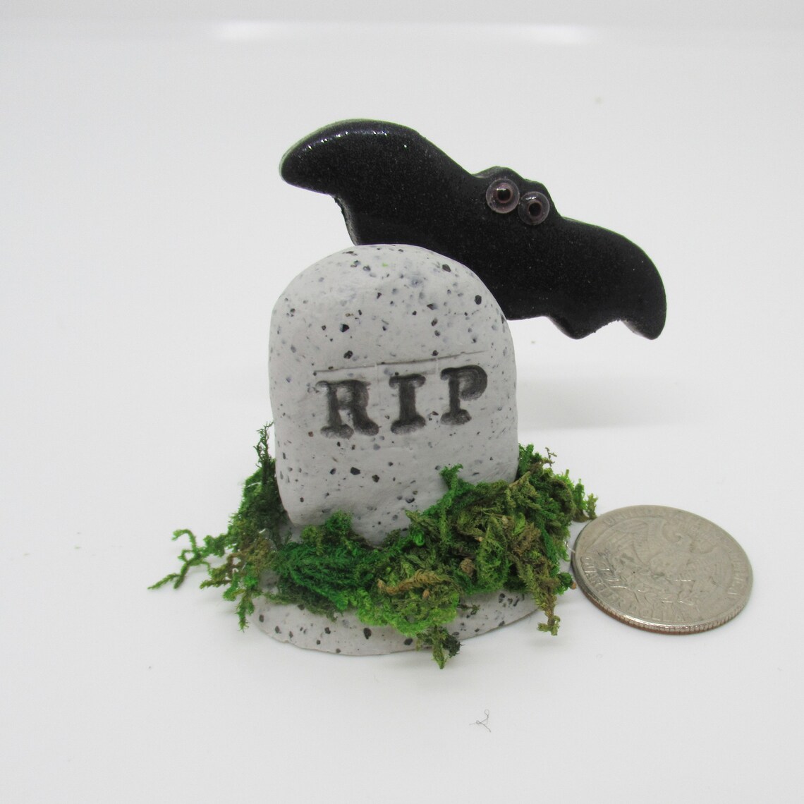 Miniature RIP headstone with a black bat and moss | Etsy