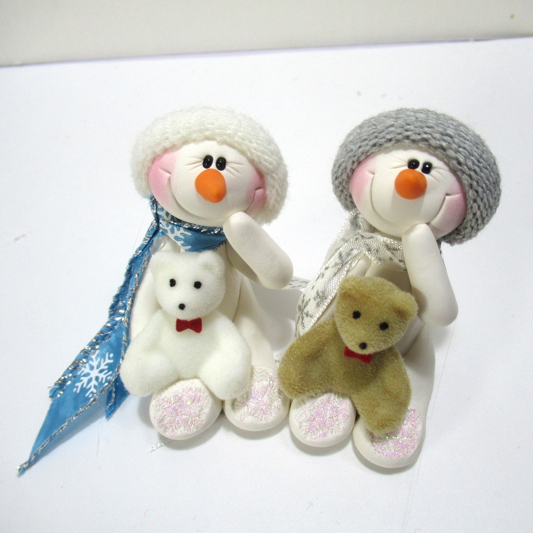 Snowman Ornament Cuddling His White or Tan Teddy Bear Polymer Clay ...