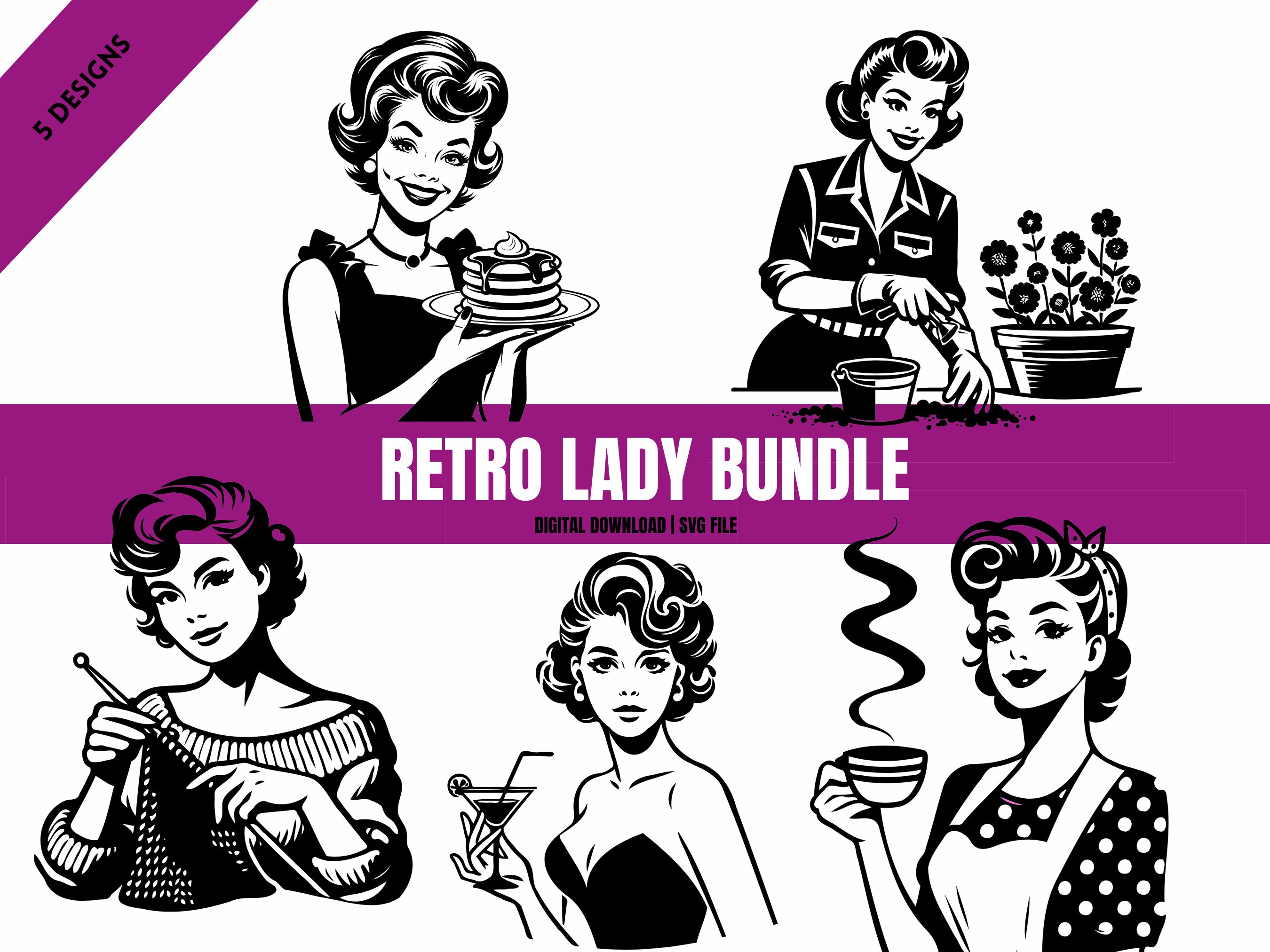 1950s Retro Ladies Pinup SVG Bundle 5 Elegant Vintage Designs for ...