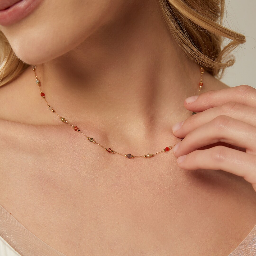 Tiny Gemstone Beaded Necklaces,colorful Natural Stone Necklace,chain ...