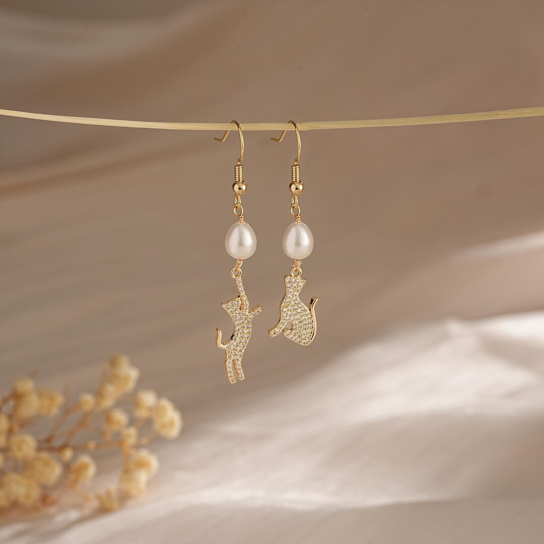 Real Freshwater Pearl Drop Earrings,cat Asymmetric Earrings,kitty ...