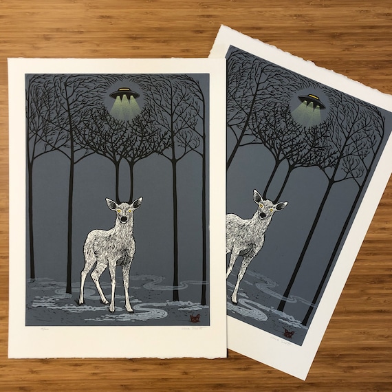 UFO Stag Linocut | Etsy