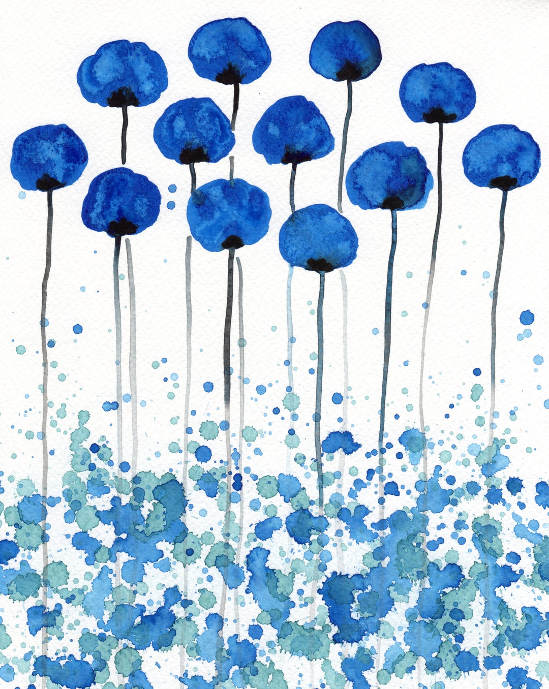 LARGE Print of Blue Poppies, Watercolor Flowers Painting, Modern ...