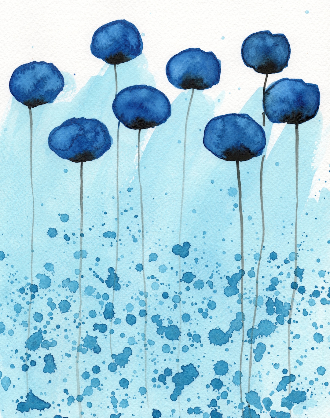 Aqua and Blue Watercolor Flower Painting, Art Print, Beach House Decor ...