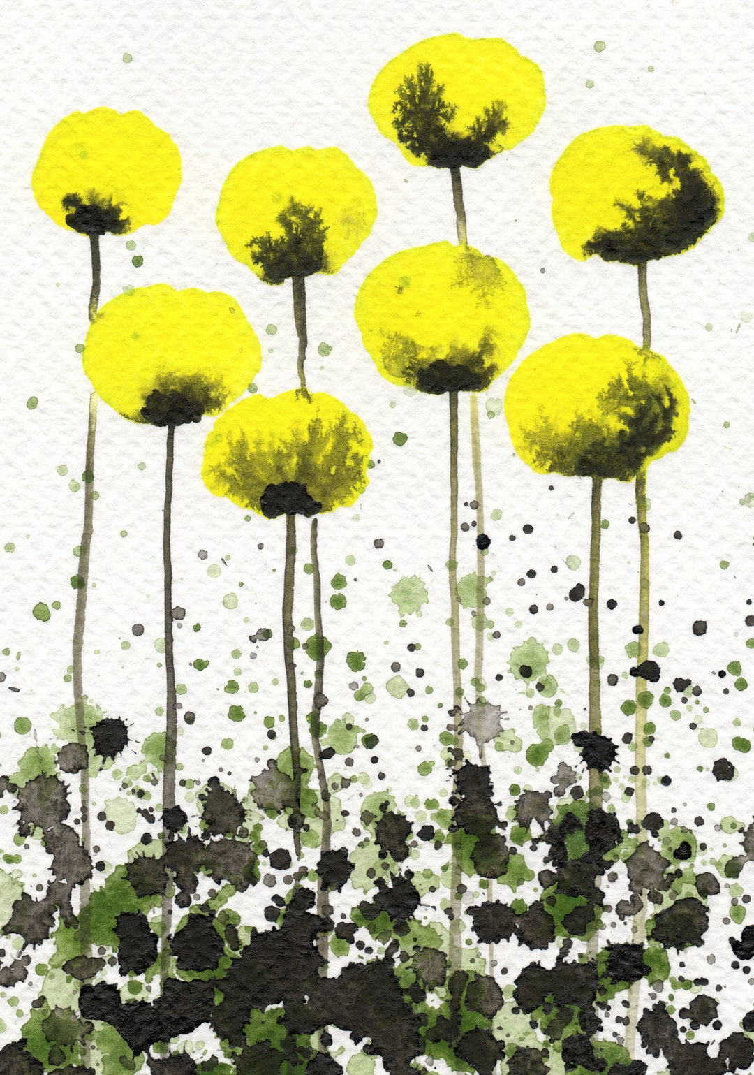 5x7 Citron Yellow and Green Watercolor Flowers, Floral Painting ...