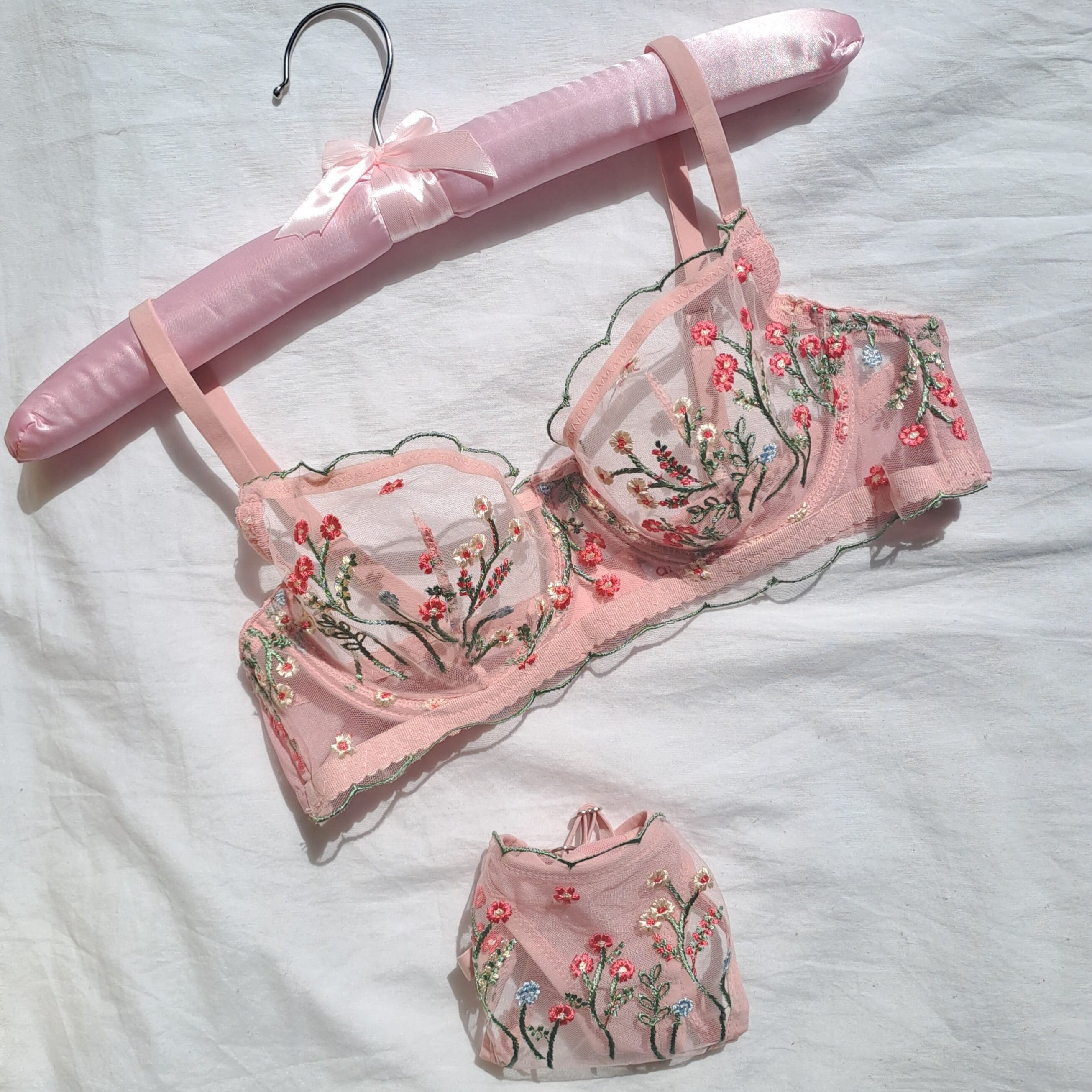 Flower Embroidered Lingerie Set Floral Sheer Bra Pink Bra - Etsy