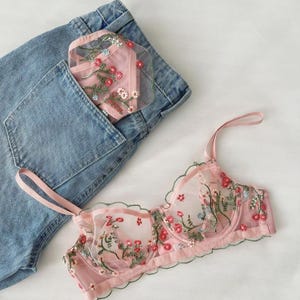 Flower Embroidered Lingerie Set Floral Sheer Bra Pink Bra Gifts for Her ...