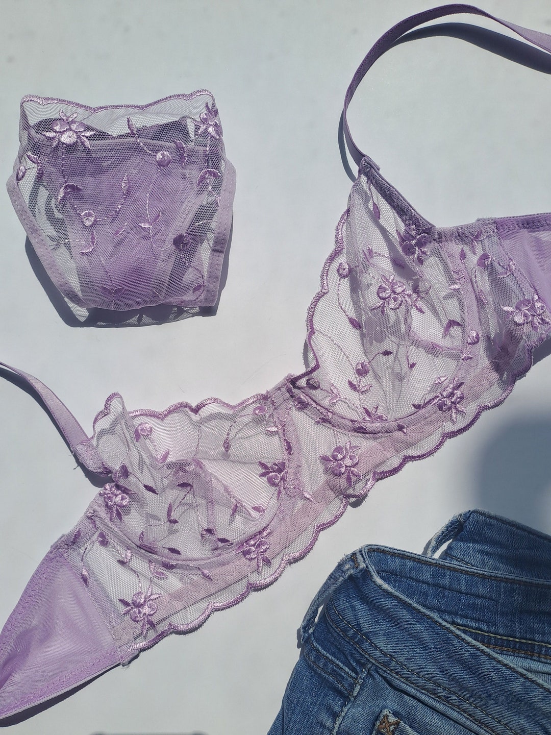 Purple Floral Lingerie Set Sheer Bra Transparent Underwear Gift for Her ...