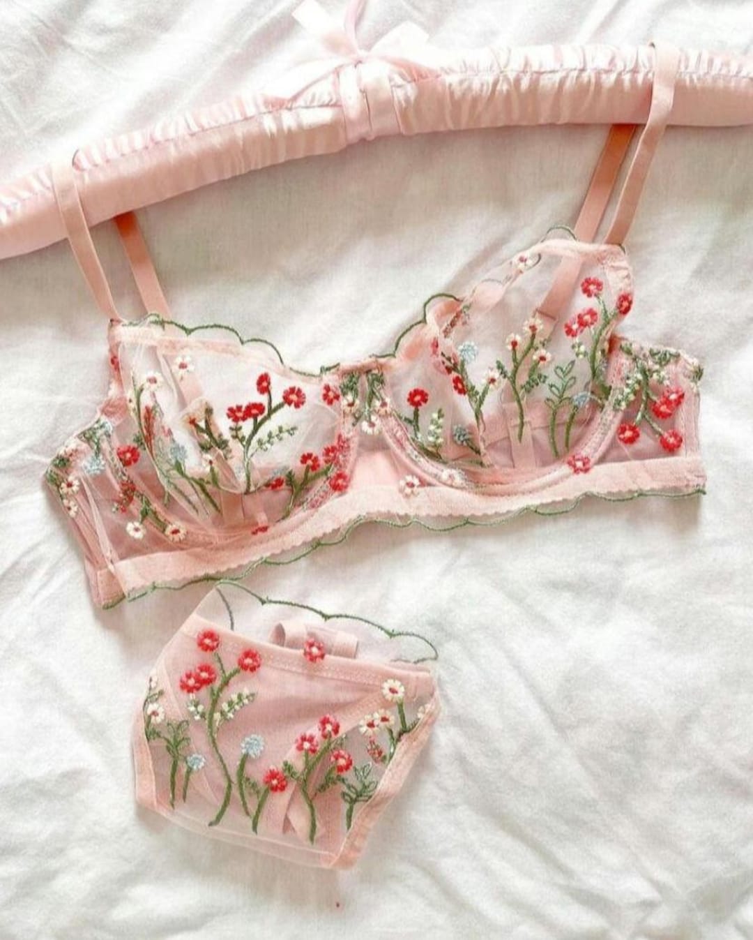 Flower Embroidered Lingerie Set Floral Sheer Bra Pink Bra Gifts for Her ...