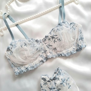 Blue Floral Lingerie Set Sheer Bra Transparent Underwear Limited ...