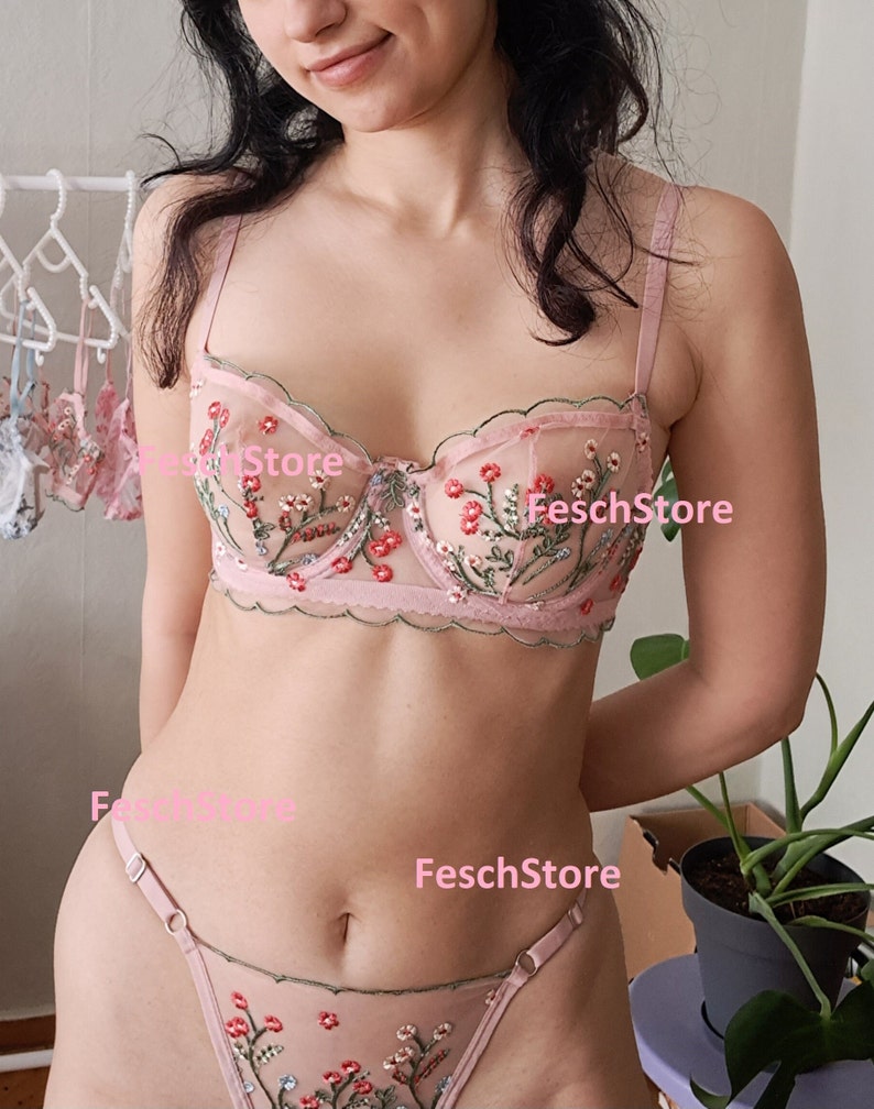 Flower Embroidered Lingerie Set Floral Sheer Bra Pink Bra - Etsy