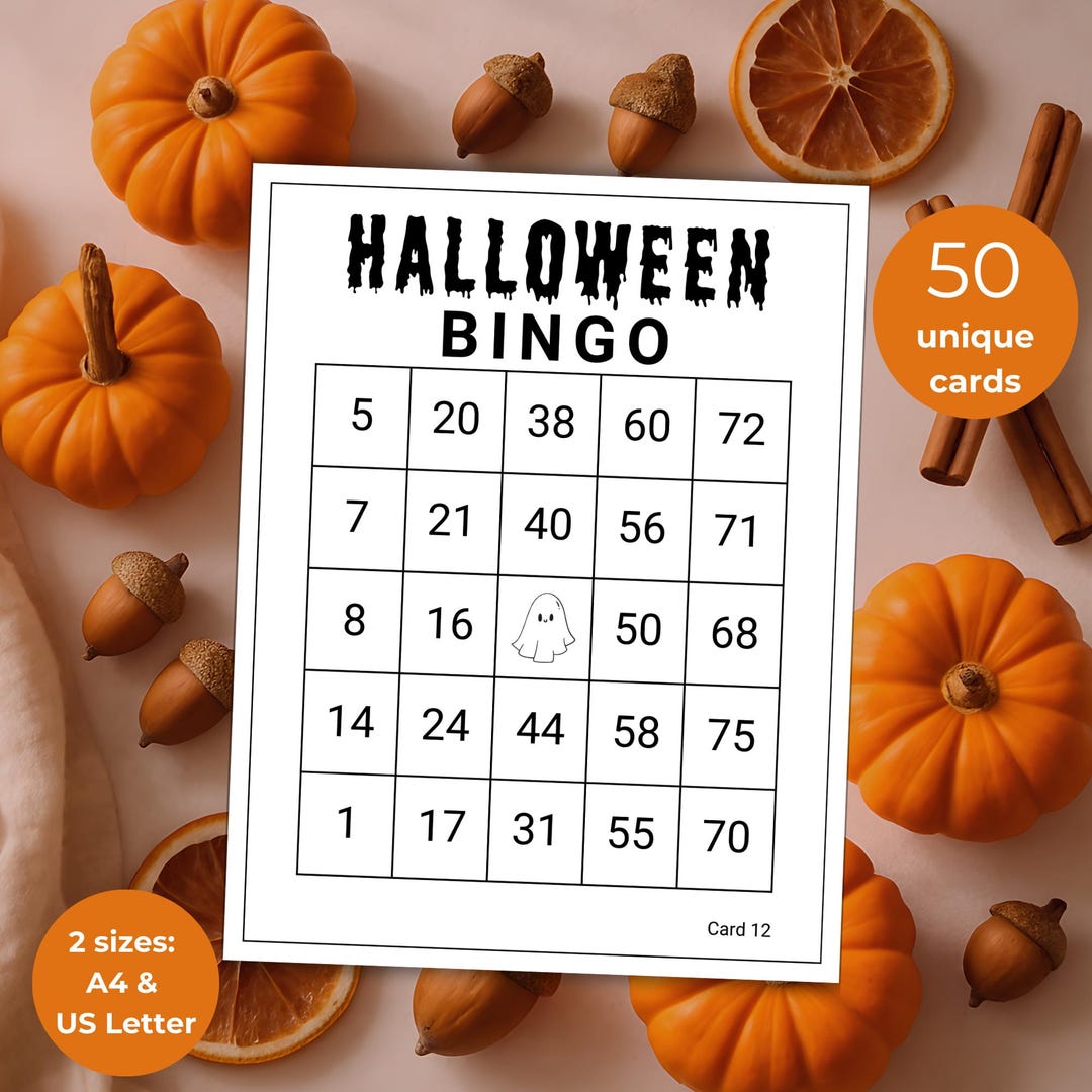 50 Halloween Number Bingo Cards, Printable Halloween Party Game, Spooky ...