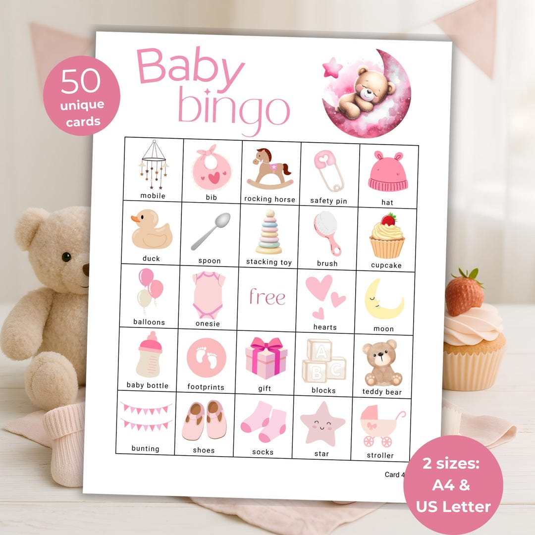Pink Baby Shower Bingo, Teddy Bear Theme, Over the Moon, 50 Unique Baby ...