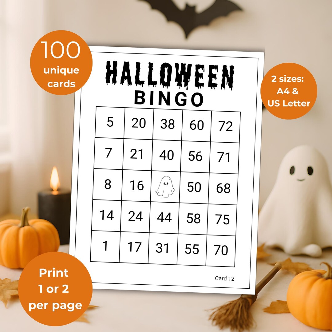 Halloween Bingo 100 Printable Cards, Halloween Number Bingo, Happy ...