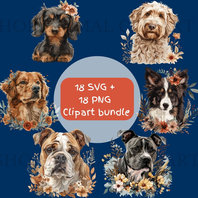Dog Breeds Clipart Bundle, 18 Dogs SVG, 18 Dog Breeds PNG, Dog Boho ...