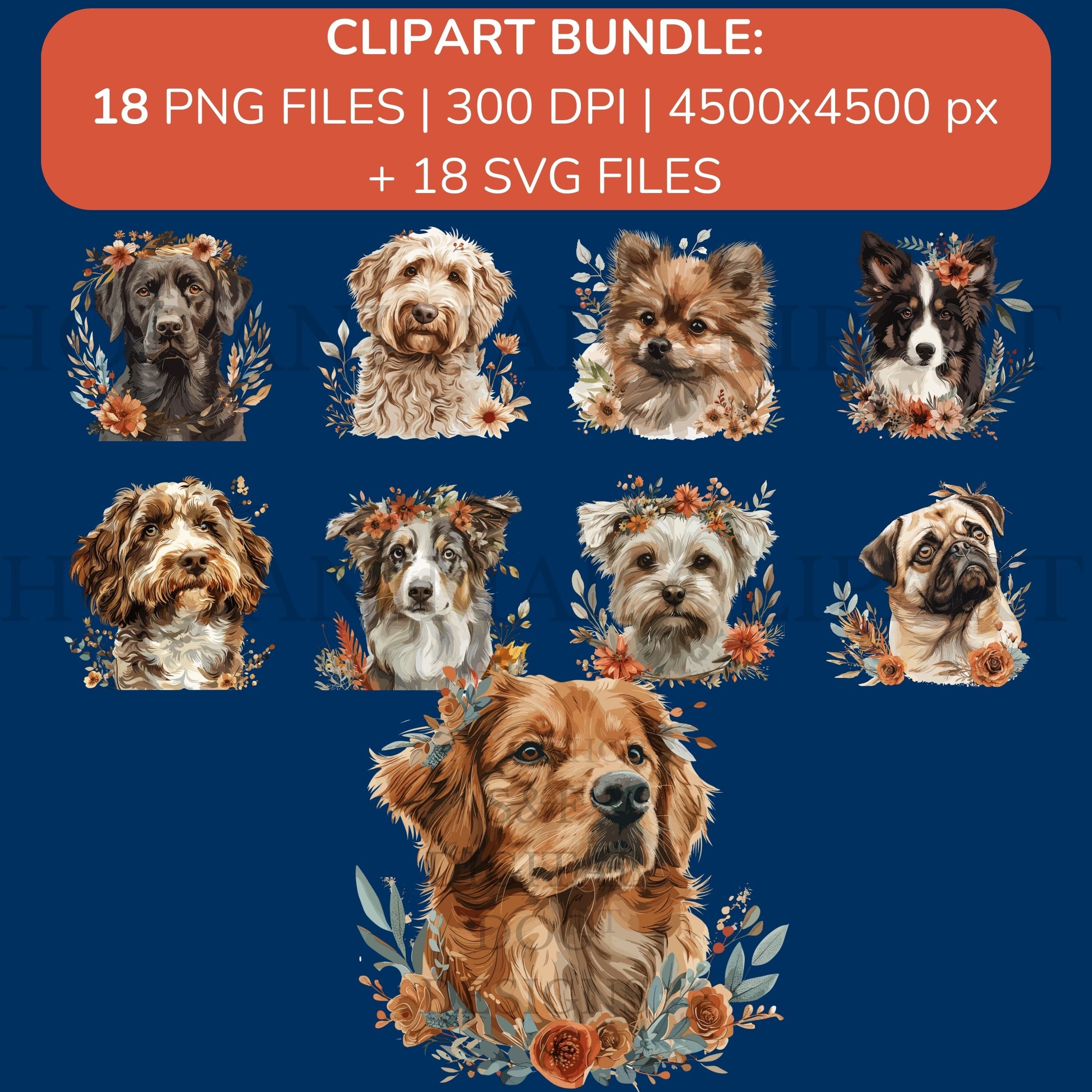 Dog Breeds Clipart Bundle, 18 Dogs SVG, 18 Dog Breeds PNG, Dog Boho ...